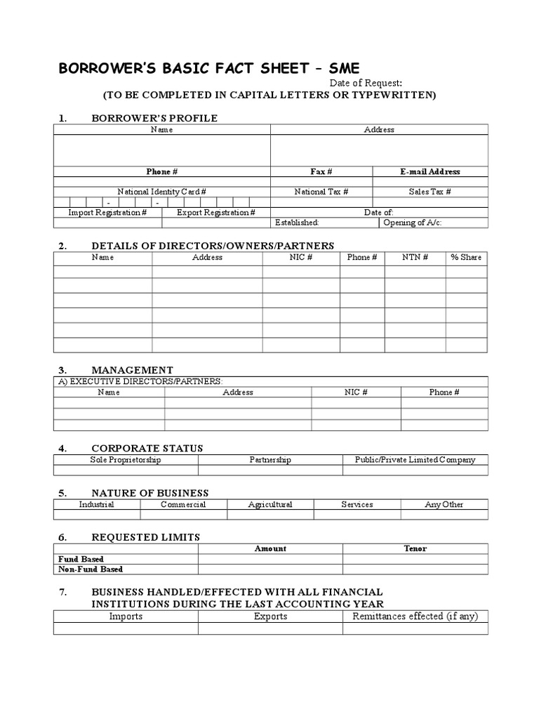 Borrower'S Basic Fact Sheet - Sme: Date of Request | PDF | Credit ...