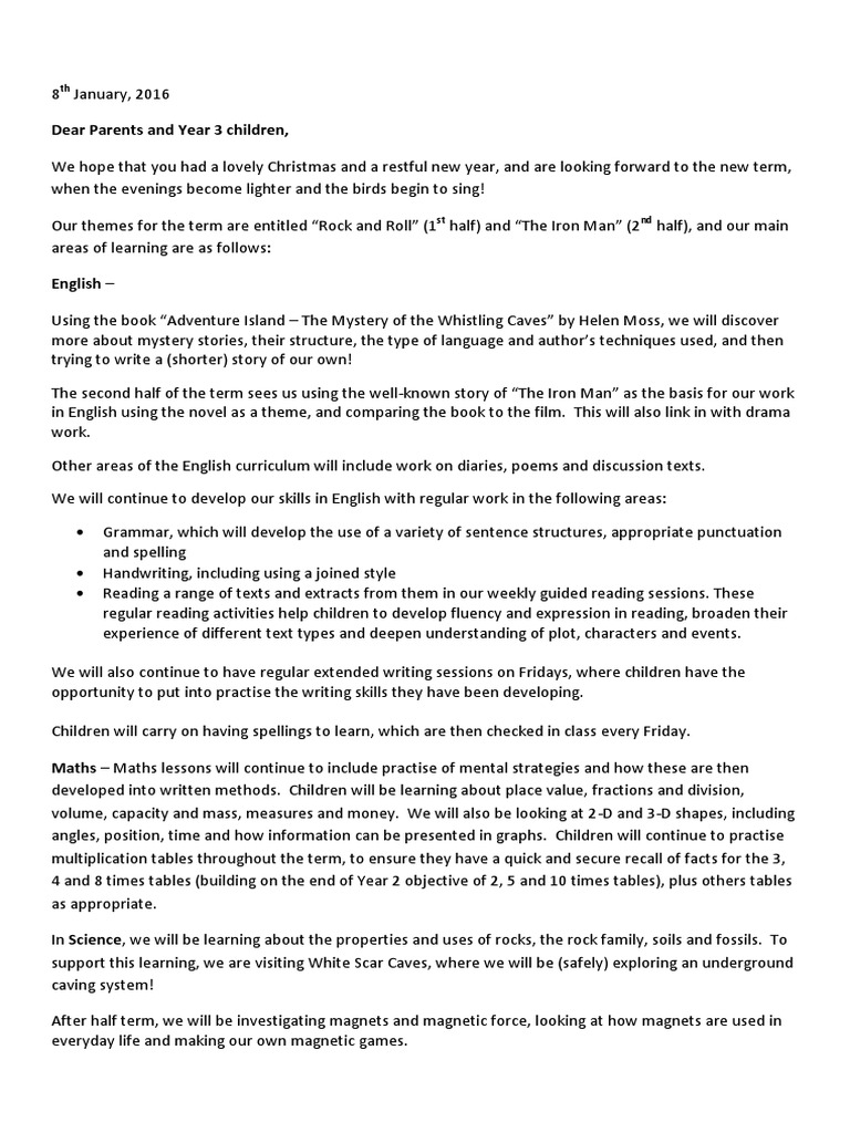Y3 Curriculum Letter Spring 2016 | PDF | English Language | Teaching ...