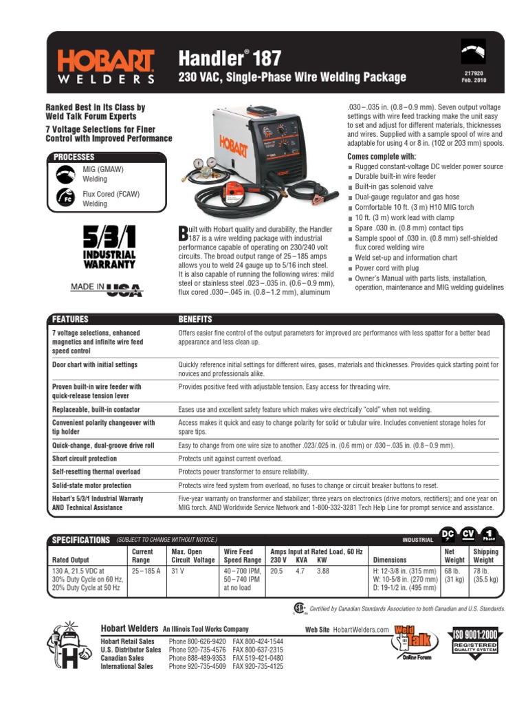 Spec Sheet - Handler 187 | PDF | Welding | Construction