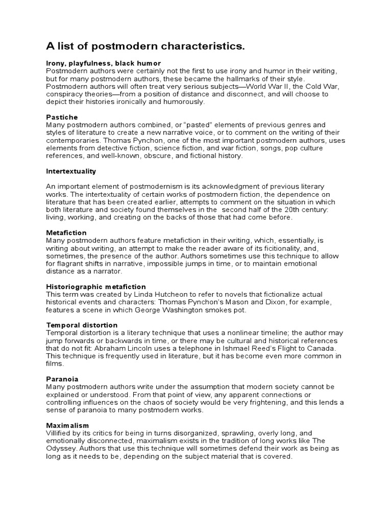 A List of Postmodern Characteristics | Postmodern Literature | Works