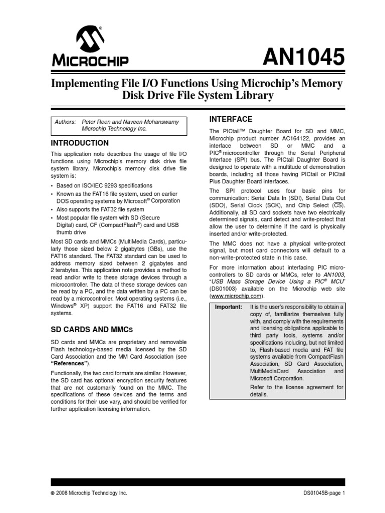 AN1045 - Implementing File I-O Functions Using Microchip's Memory Disk Drive File System Library ...