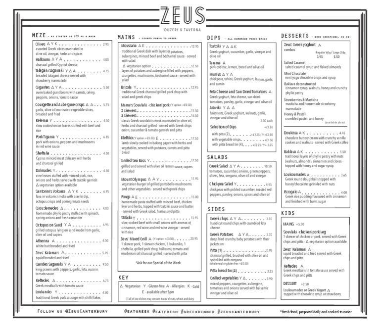Zeus Ouzeri & Taverna Menu | PDF | Food Ingredients | Cuisine