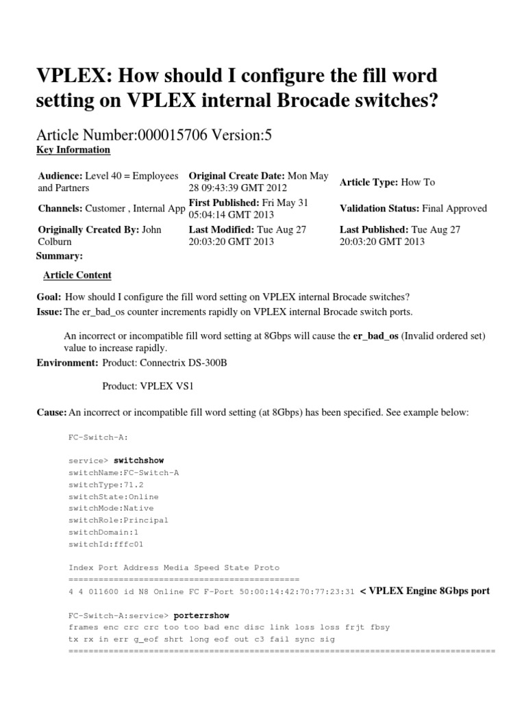 How Should I Configure The Fill Word Setting On VPLEX Internal Brocade Switches | PDF | Data ...