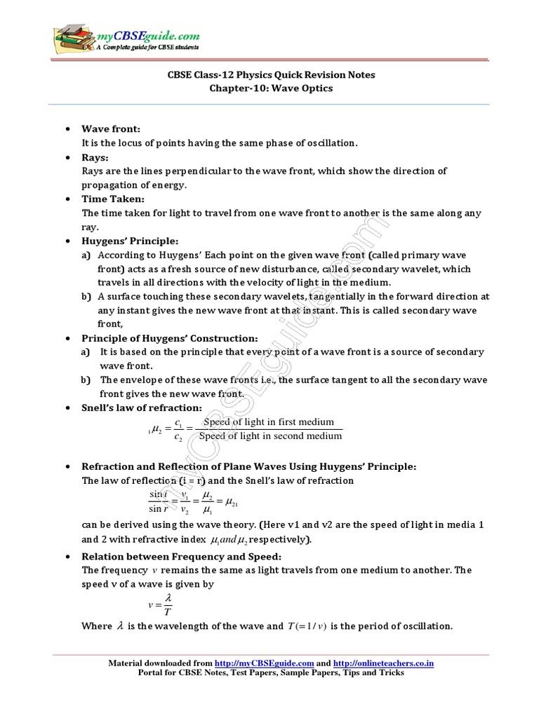 A Comprehensive Summary of Key Concepts in Wave Optics | PDF ...