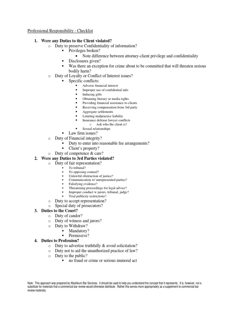 Professional Responsibility Checklist | PDF | Confidentiality | Lawyer