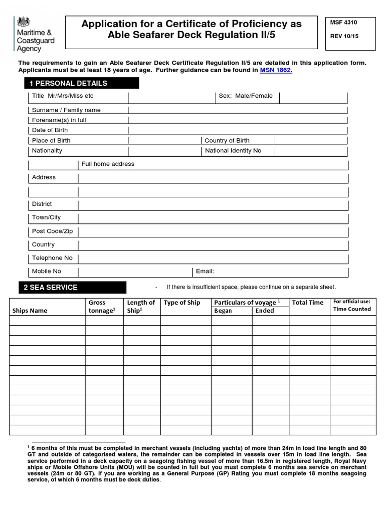 Able Seafarer Deck Application Form | Sailor | Ships