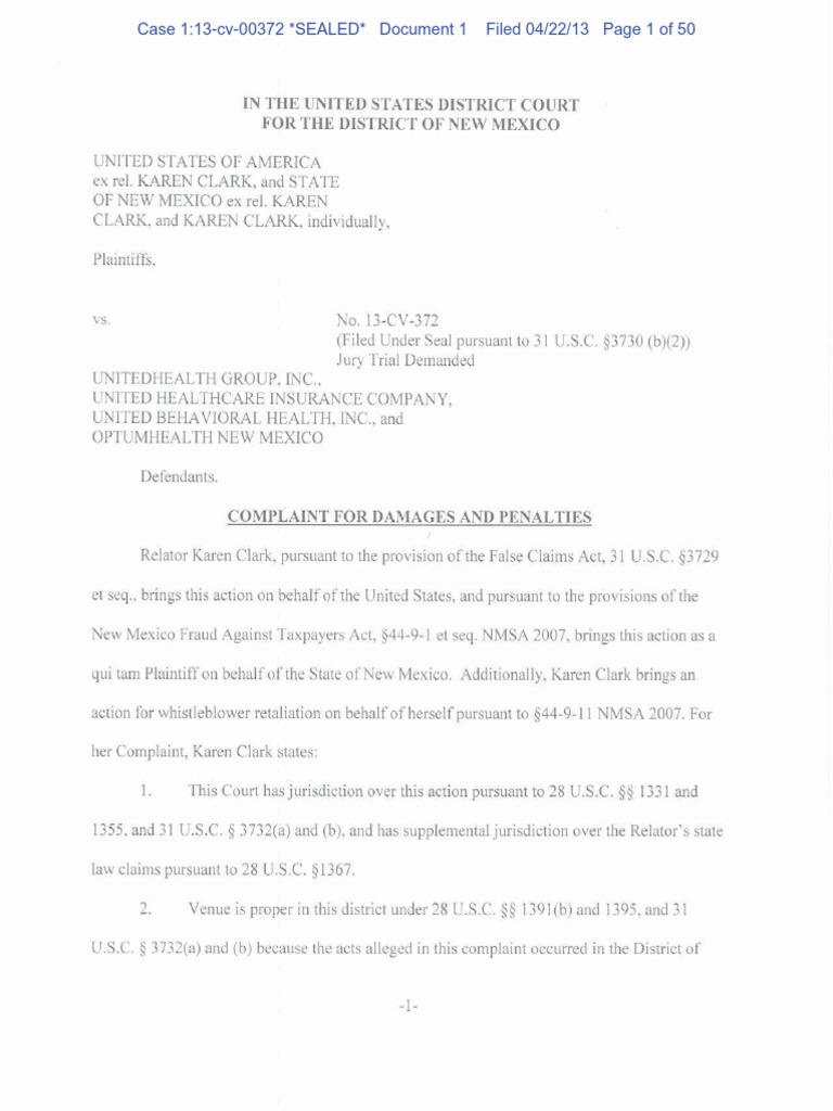 Dkt-1 Complaint With Civil Cover Sheet | PDF | False Claims Act | Medicaid
