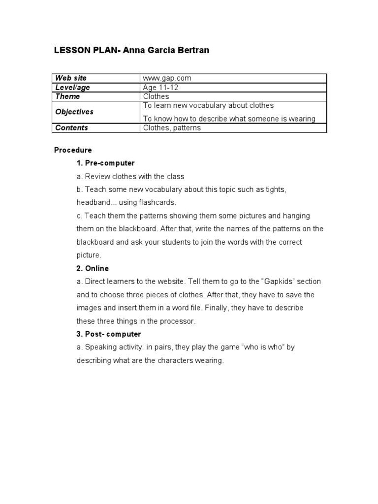 Clothes Vocabulary Lesson Plan for Kids | PDF