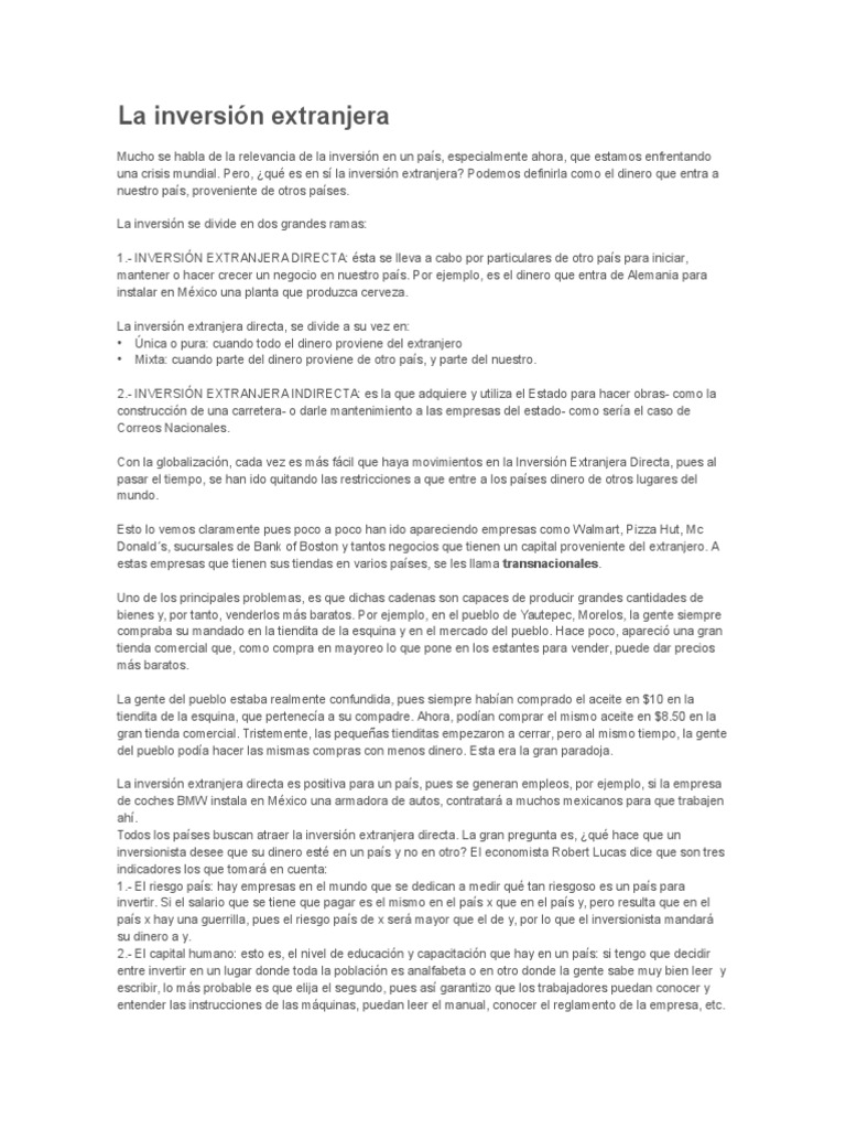 La Inversion Extranjera | PDF | La inversión extranjera directa ...