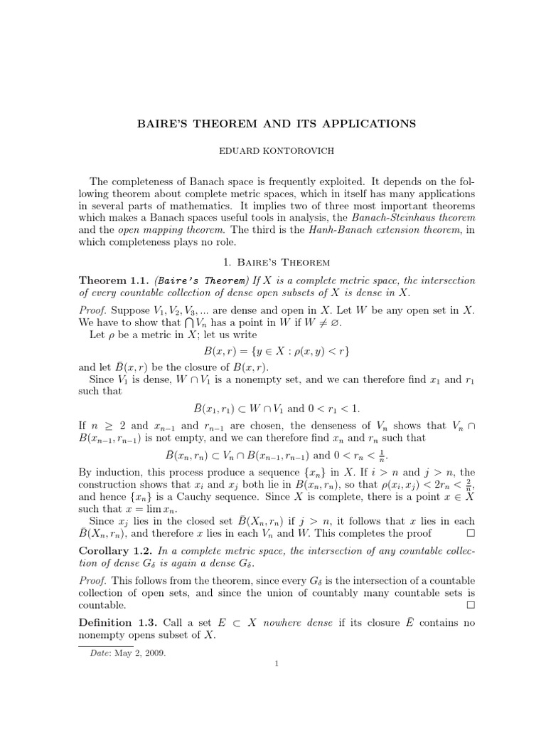 1 Baire's Theorem and Its Applications | PDF | Series (Mathematics ...