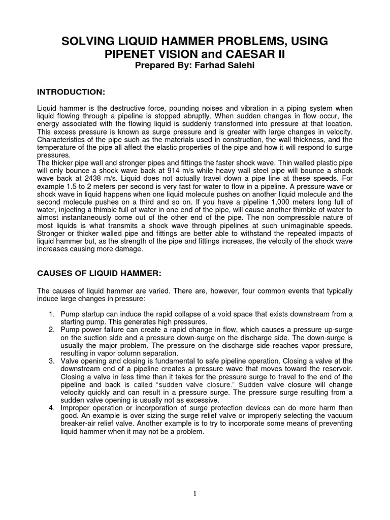 Solving Liquid Hammer Problems Using Pipenet Vision and Caesar II | PDF ...