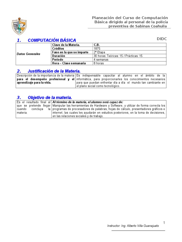 Planeacion Curso de Computacion Basica | PDF | Microsoft PowerPoint | Hoja de cálculo