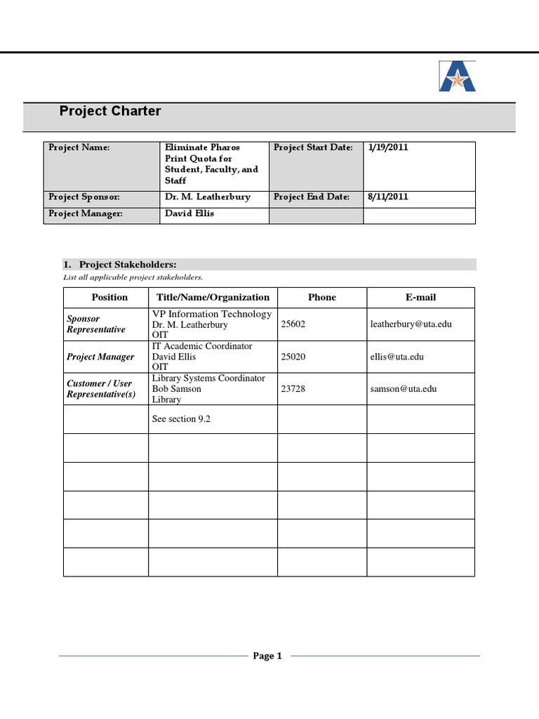 Project Charter Template - Texas University at Arlington324287520160107 ...