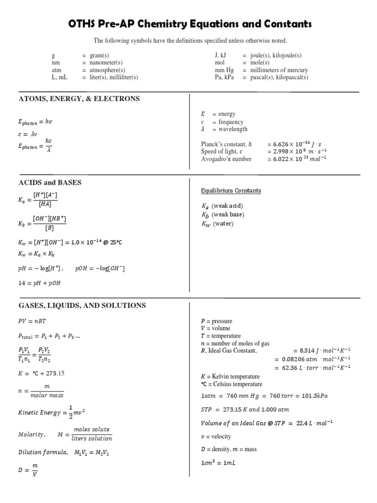 OTHS Pre-AP Chemistry Equations and Constants: Atoms, Energy ...
