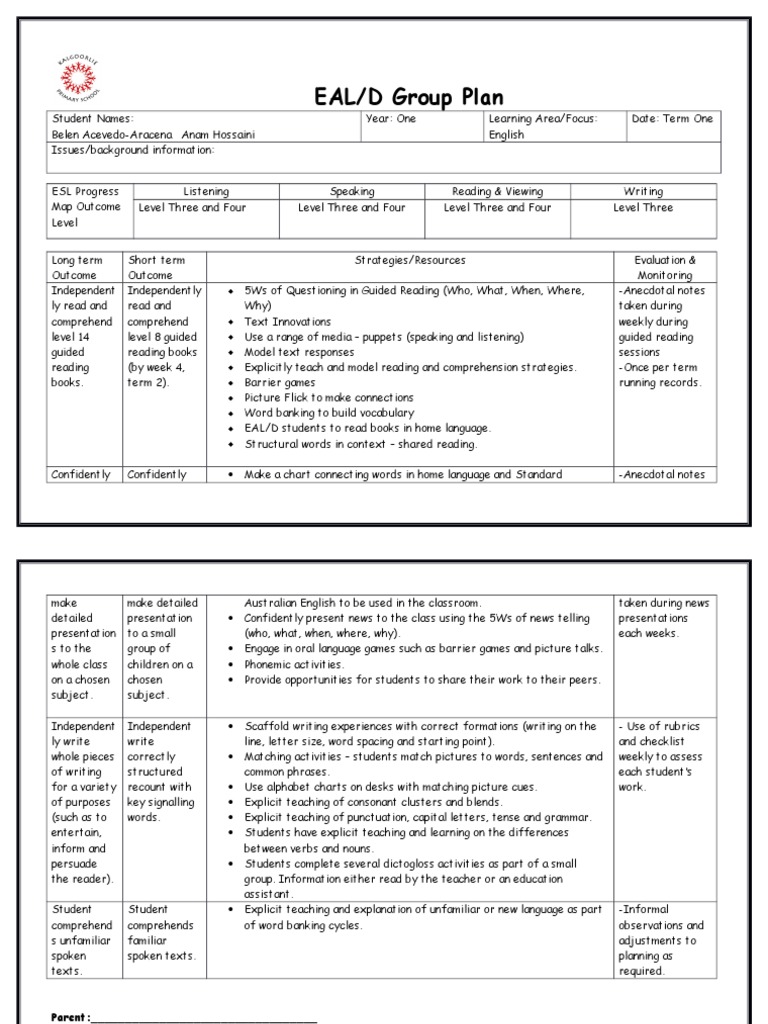 Eald Level 3 and 4 Students Term 1 Plan | PDF | Reading (Process ...