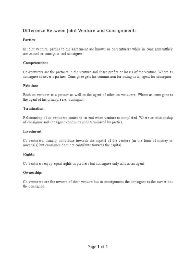Joint Venture vs. Consignment Explained | PDF | Joint Venture | Economies