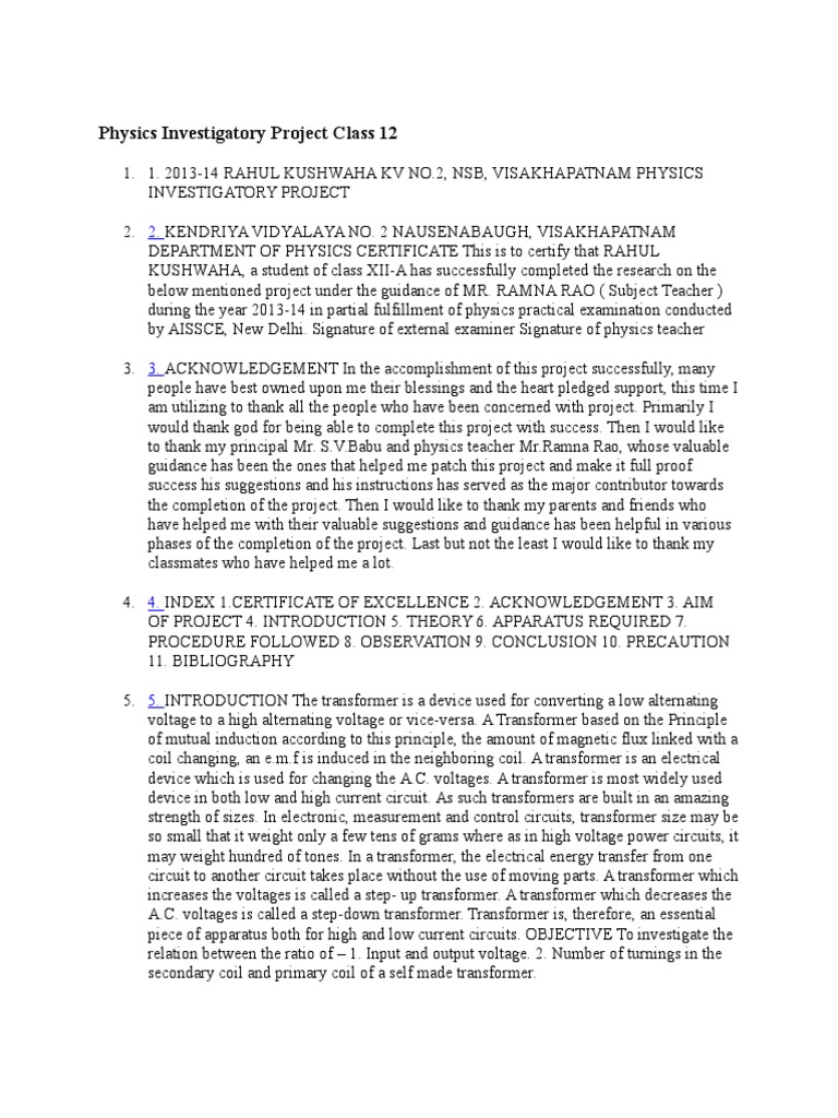 Transformer Physics Project Class 12 | PDF | Transformer | Inductor