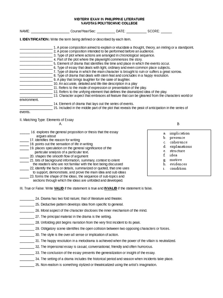 Philippine Literature Midterm Exam | PDF