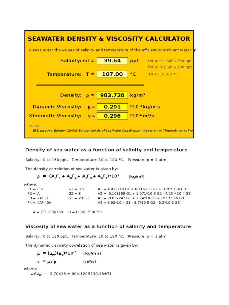 Density&Viscosity Calculator | PDF | Salinity | Seawater