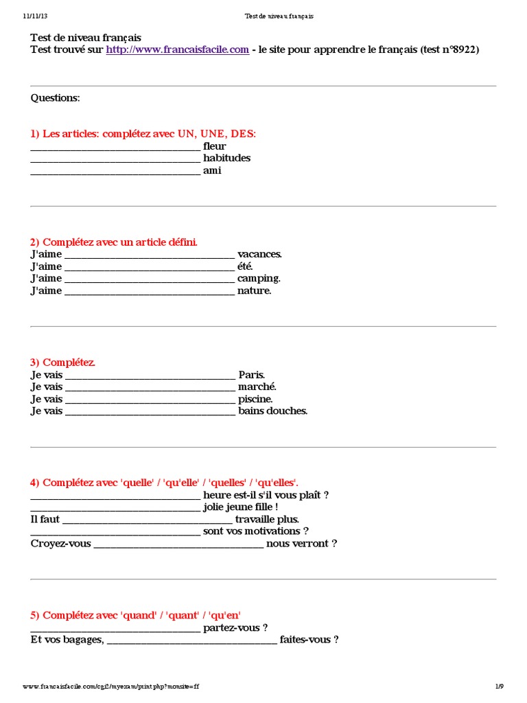 Test de Niveau Français | Sujet (Grammaire) | Nombre grammatical
