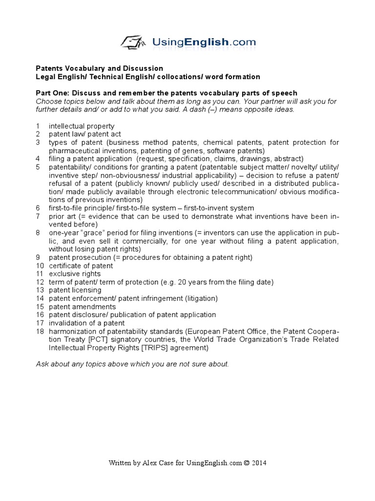 Patents Vocabulary and Usage Guide | PDF | Patent Application | Patent