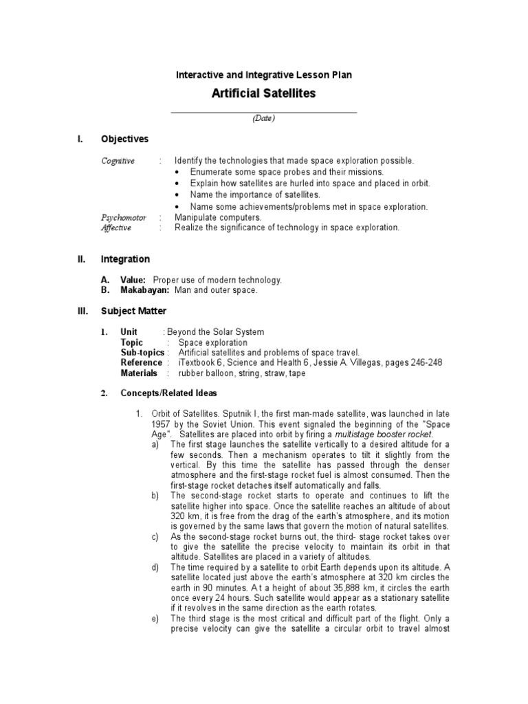 Artificial Satellites: Interactive and Integrative Lesson Plan | PDF ...