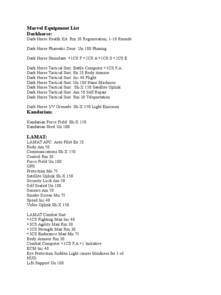 Marvel Equipment List For Mutants and Masterminds | PDF | Equipment ...