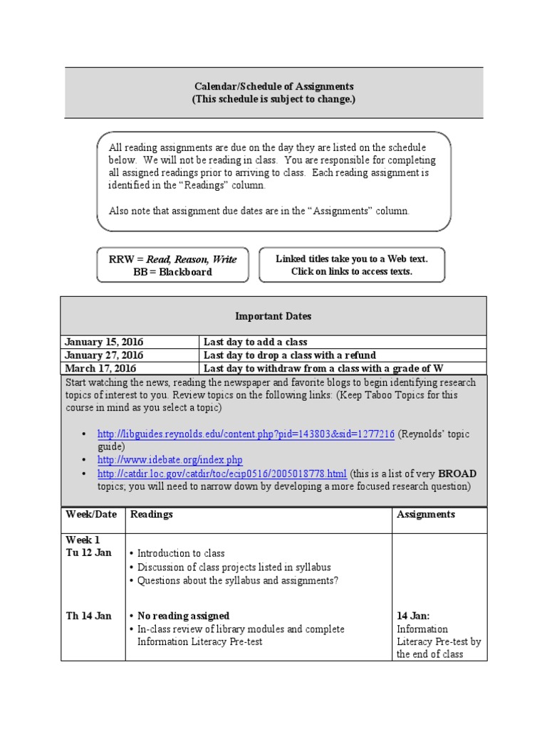 ENG 112 Spring 2016 Schedule | PDF | Rhetoric | Libraries
