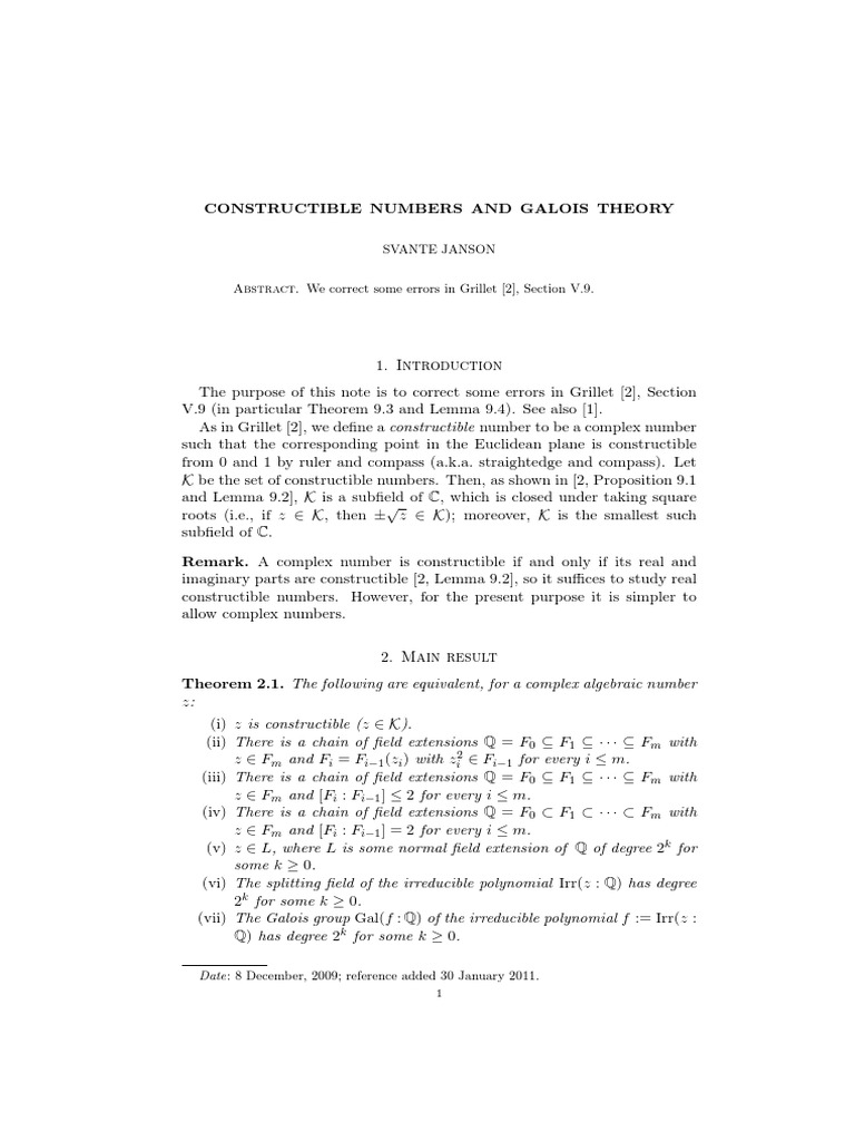 Constructible Numbers and Galois Theory | PDF | Field (Mathematics) | Complex Number