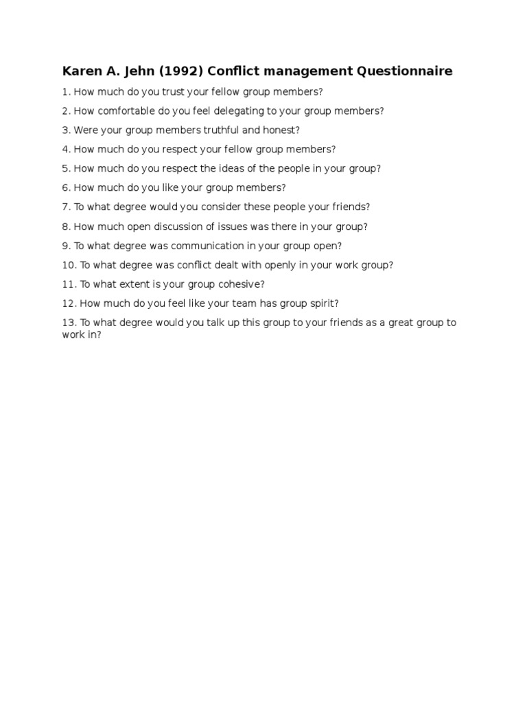 Karen A. Jehn (1992) Conflict Management Questionnaire | PDF