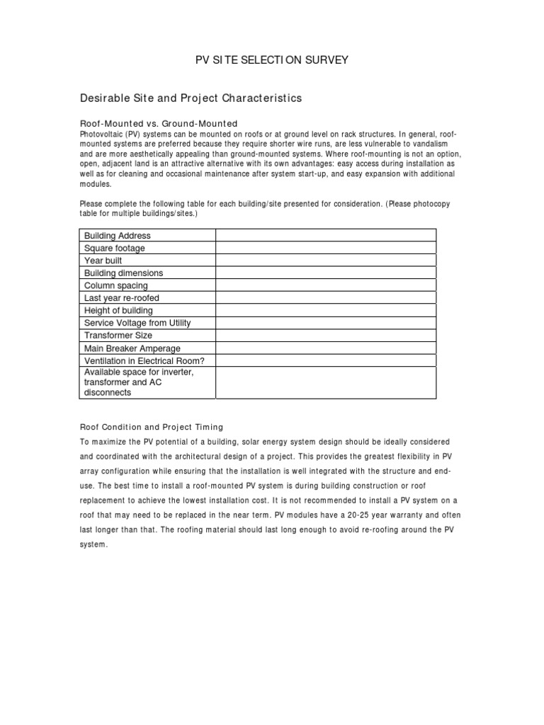 PV Site Selection Survey 6 | PDF | Photovoltaics | Photovoltaic System