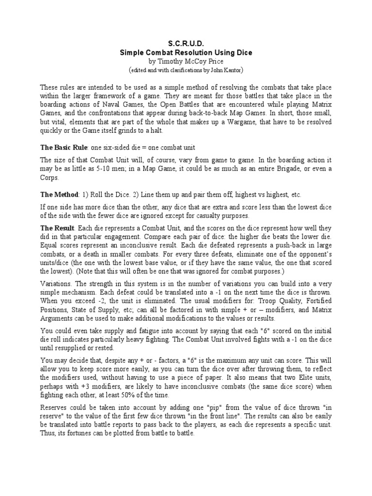 Simple Combat Resolution Using Dice (SCRUD) | PDF | Dice | Conflicts Simple Combat Resolution Using Dice (SCRUD) | PDF | Dice | Conflicts