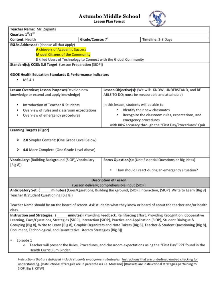 Introduction To Health Class Lesson Plan | PDF | Lesson Plan ...