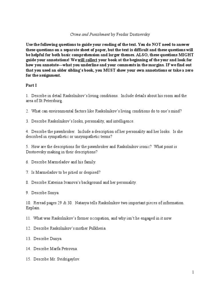Crime and Punishment Study Guide Questions Summer Reading 2014 | PDF ...