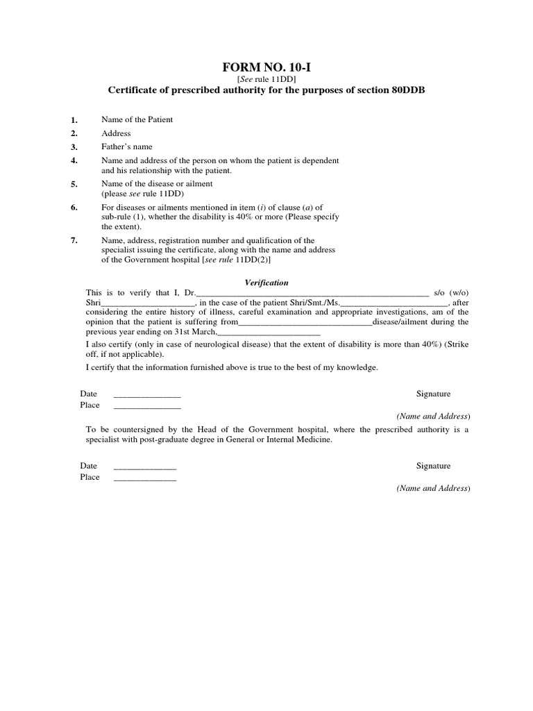 Form No. 10-I: Certificate of Prescribed Authority For The Purposes of Section 80DDB | PDF ...