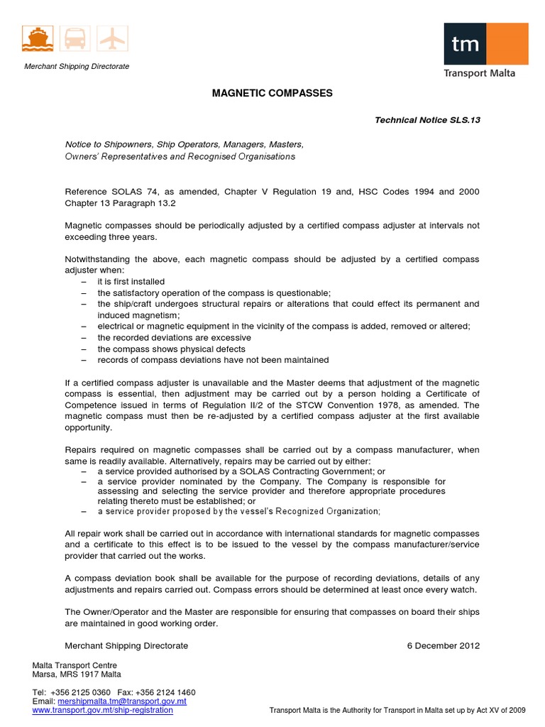 Technical Notice SLS 13 - Magnetic Compasses PDF | PDF | Compass ...