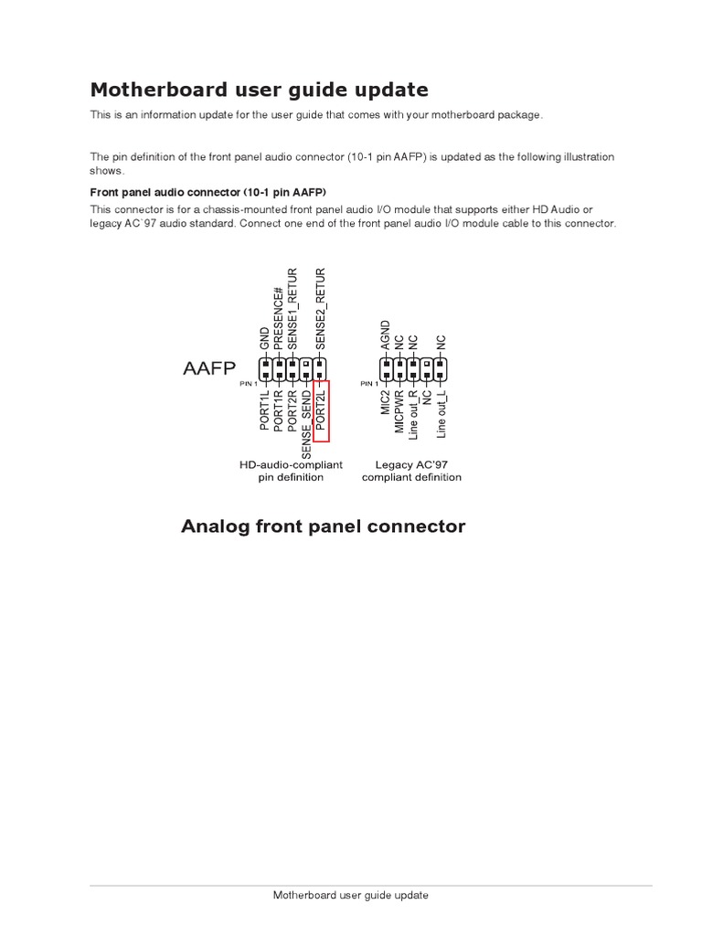 Motherboard User Guide Update: Front Panel Audio Connector (10-1 Pin ...