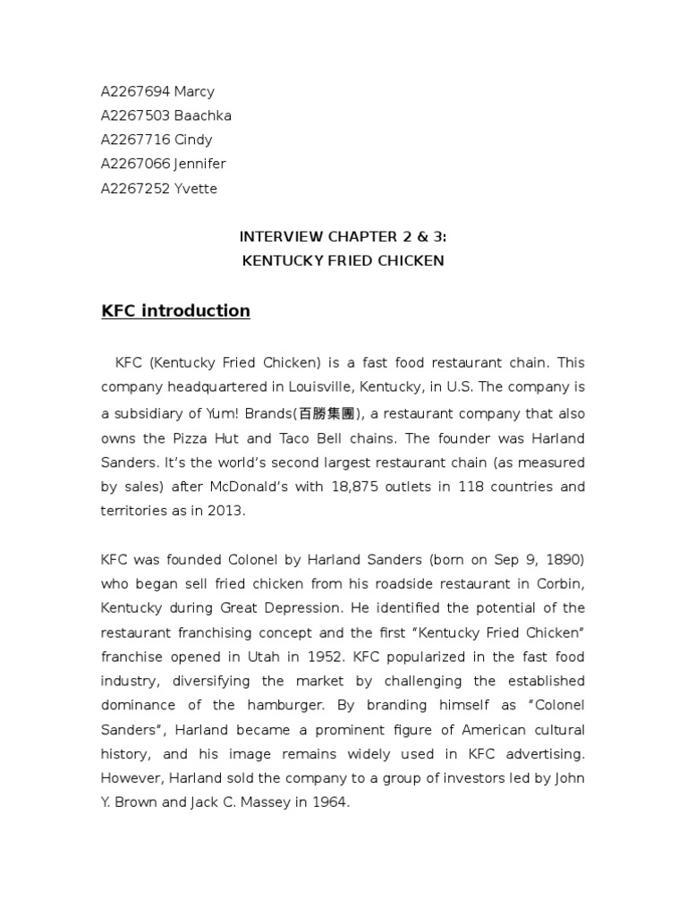 KFC Introduction: Interview Chapter 2 & 3: Kentucky Fried Chicken | PDF ...