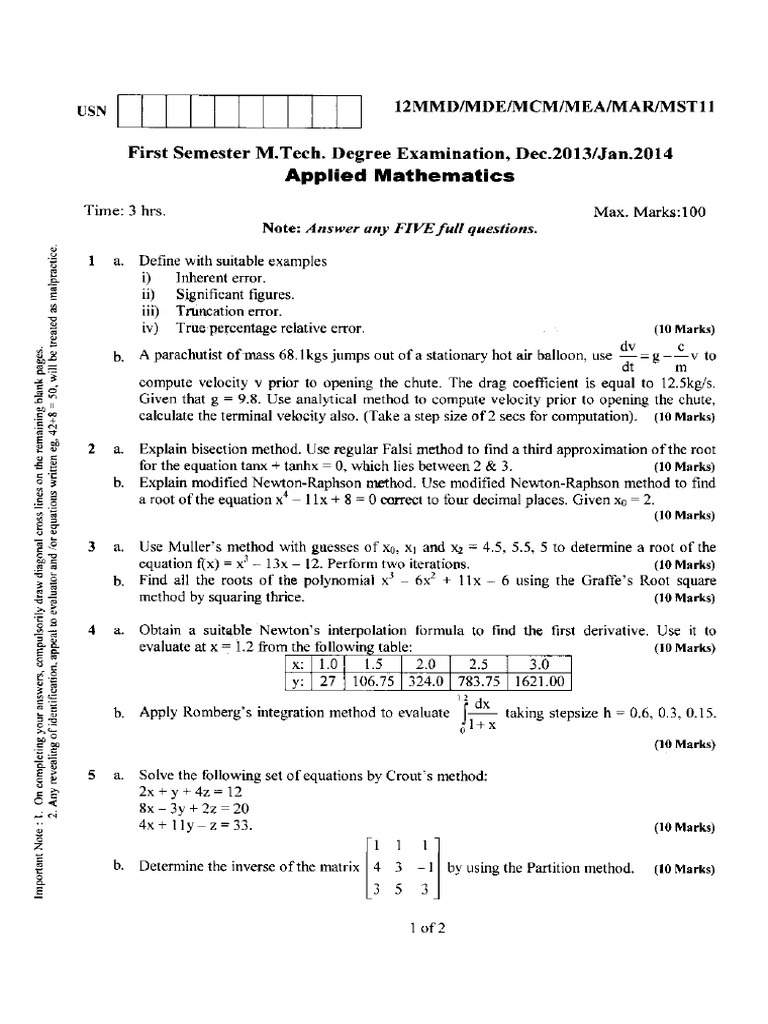 Applied Maths Vtu Question Paper | PDF