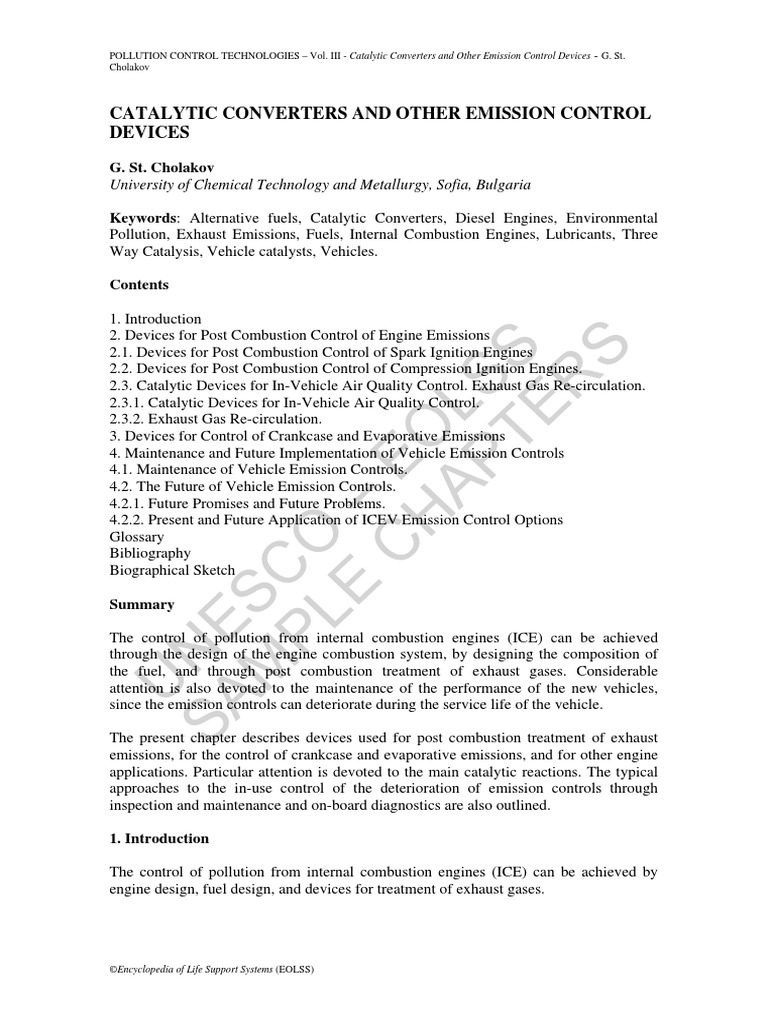 Unesco - Eolss Sample Chapters: Catalytic Converters and Other Emission Control Devices | PDF ...