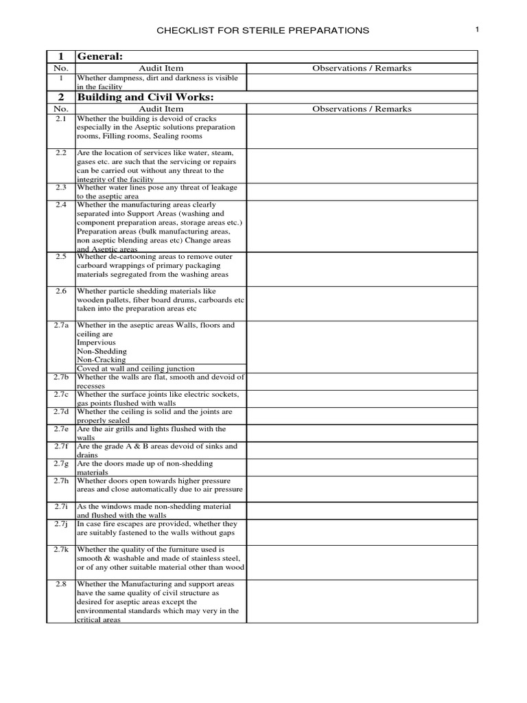 1 General:: Checklist For Sterile Preparations | PDF