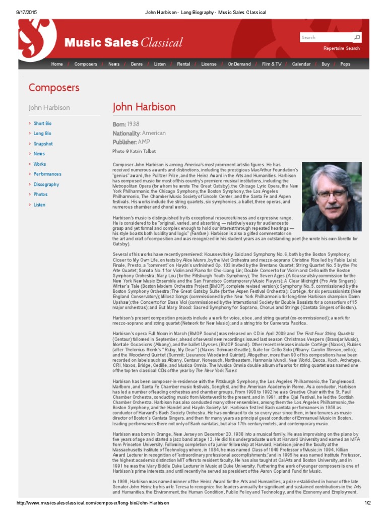 John Harbison - Long Biography - Music Sales Classical | PDF | Orchestras | Quartet