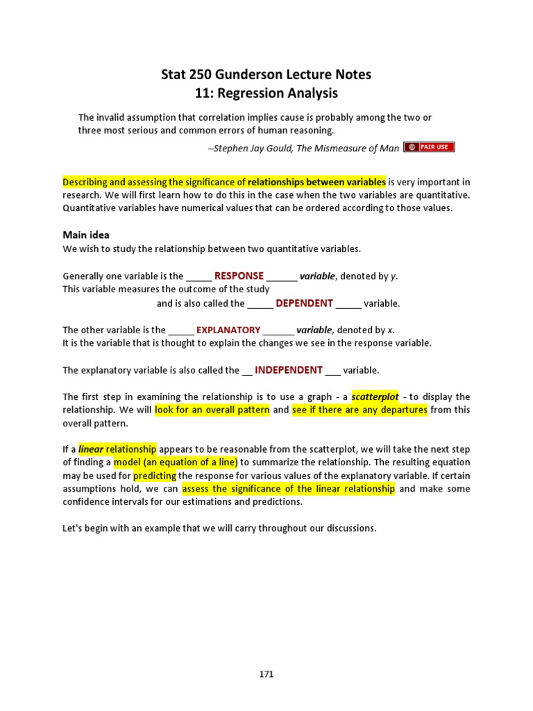 Stat 250 Gunderson Lecture Notes 11: Regression Analysis: Main Idea ... Stat 250 Gunderson Lecture Notes 11: Regression Analysis: Main Idea ...