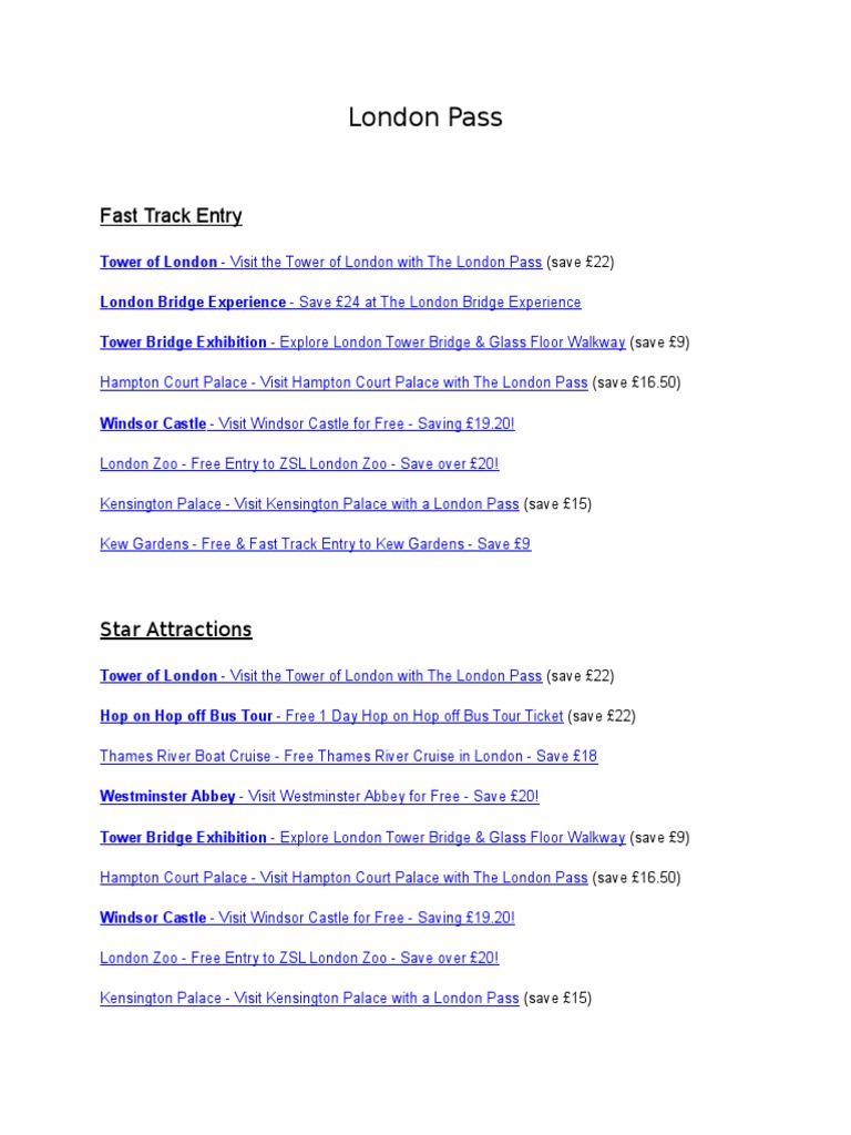 London Pass List | PDF | London | Windsor Castle