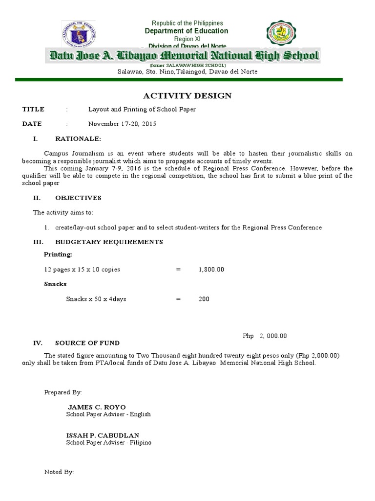 Activity Design For Campus Journalism-Layout | PDF