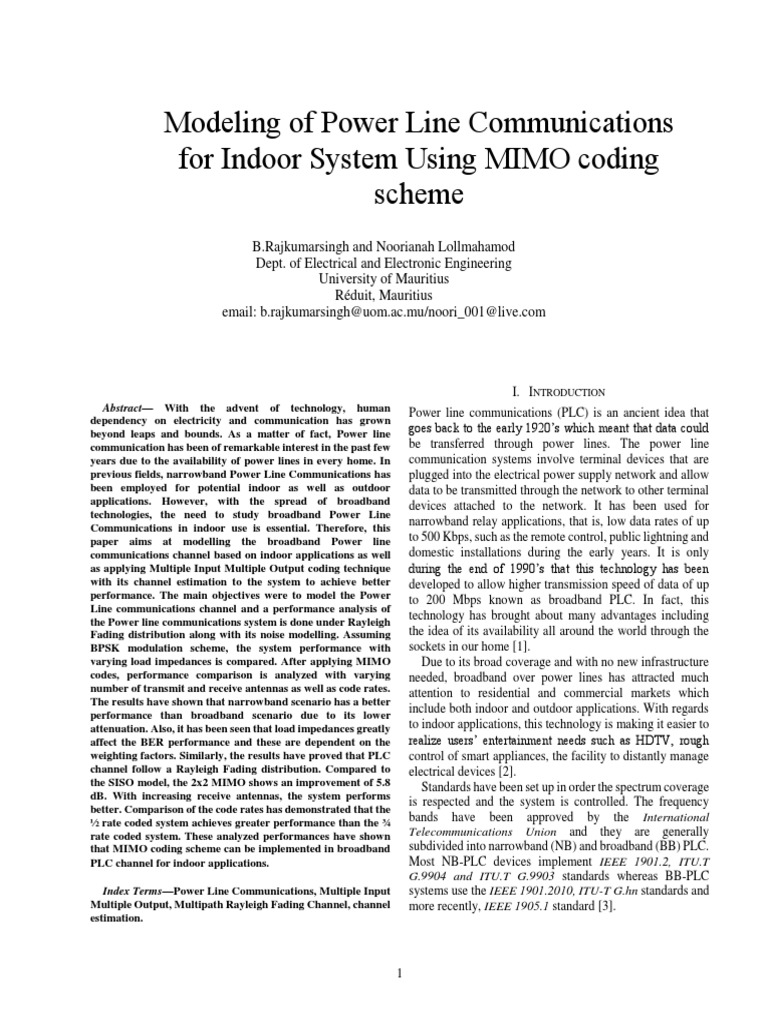 Modeling Of Power Line Communications Using Mimo Coding Scheme For Indoor System Pdf Mimo
