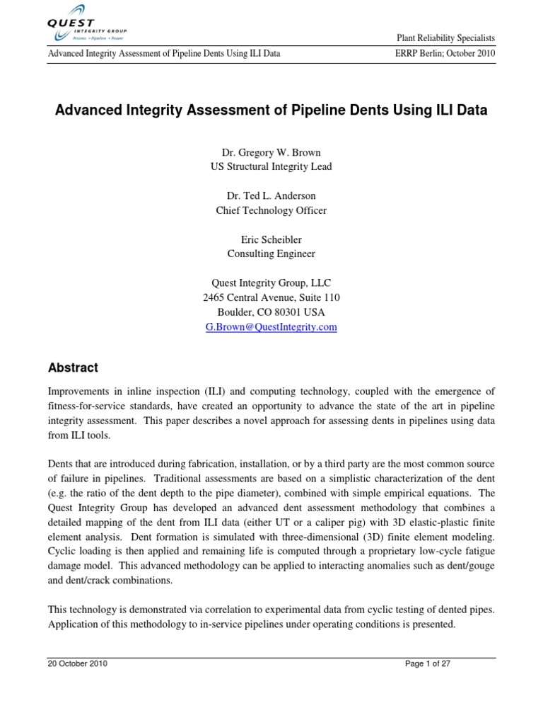 Advanced Integrity Assessment of Pipeline Dents Using ILI Data | PDF ...