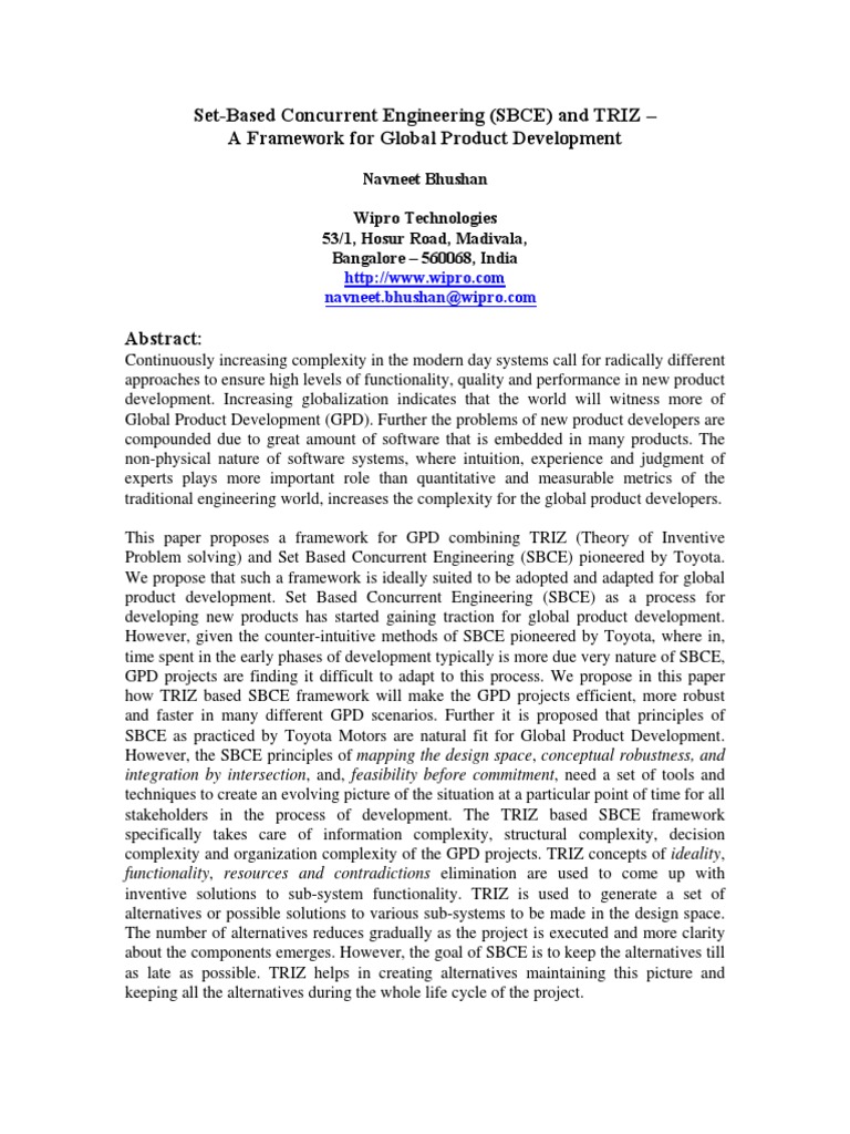Bhushan Set Based Concurrent Engineering and TRIZ Framework For Global Product Development | PDF ...