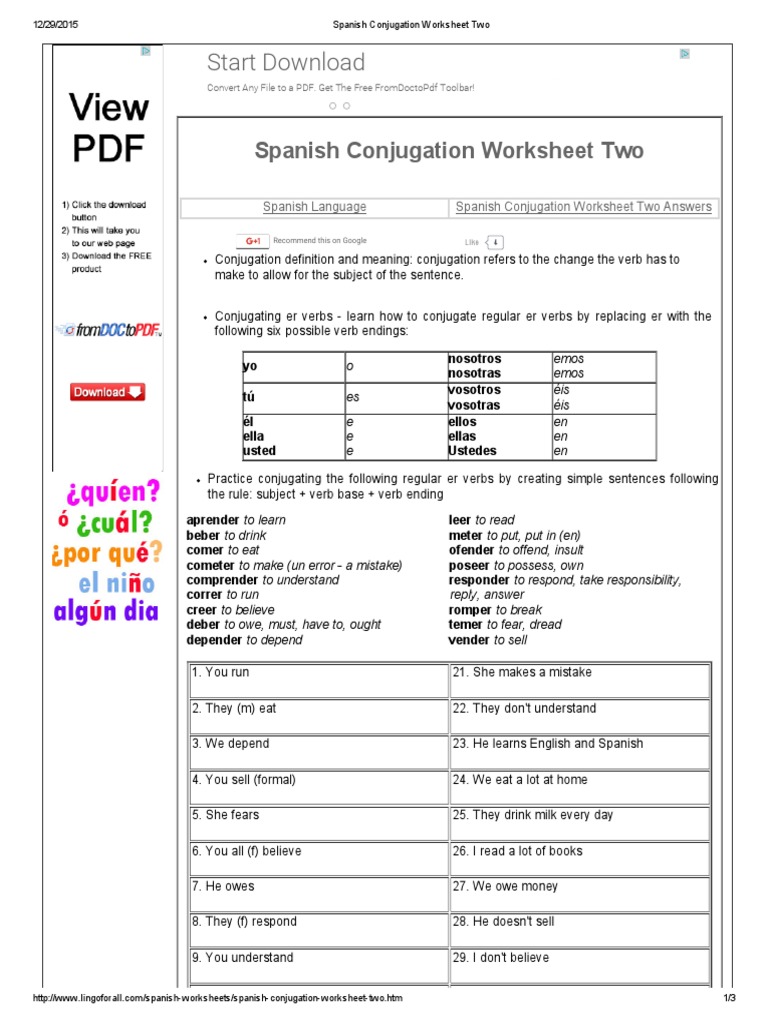 Start Download: Spanish Conjugation Worksheet Two