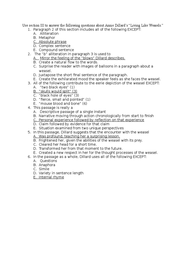 Annie Dillard's "Living Like Weasels" Analysis Questions | PDF